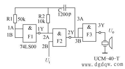UCM-40-T与74LS00与非门组成的超声波发射电路 - 电路图分享_电工电气学习网